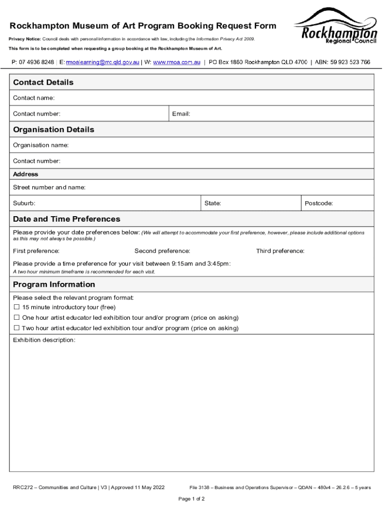 Fillable Online Rockhampton Museum of Art Program Booking Request Form Fax Email Print - pdfFiller
