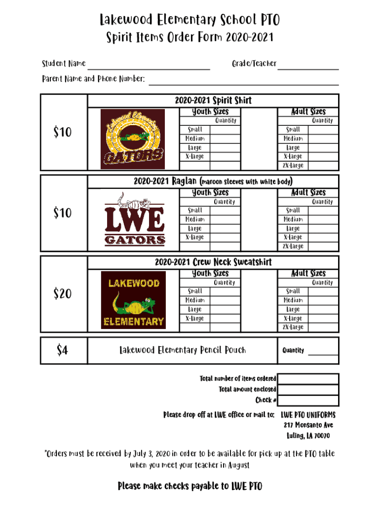 Fillable Online 2020-2021 LWE Spirit Shirt order form with pencil pouch ...