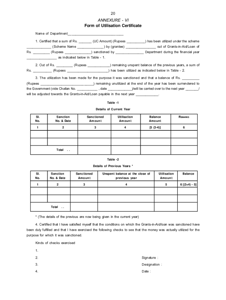 Fillable Online Form of Utilization Certificate SI No. Letter No. and ...
