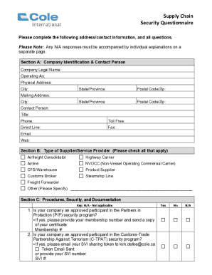 Fillable Online Supply Chain Security Questionnaire - Cole ...