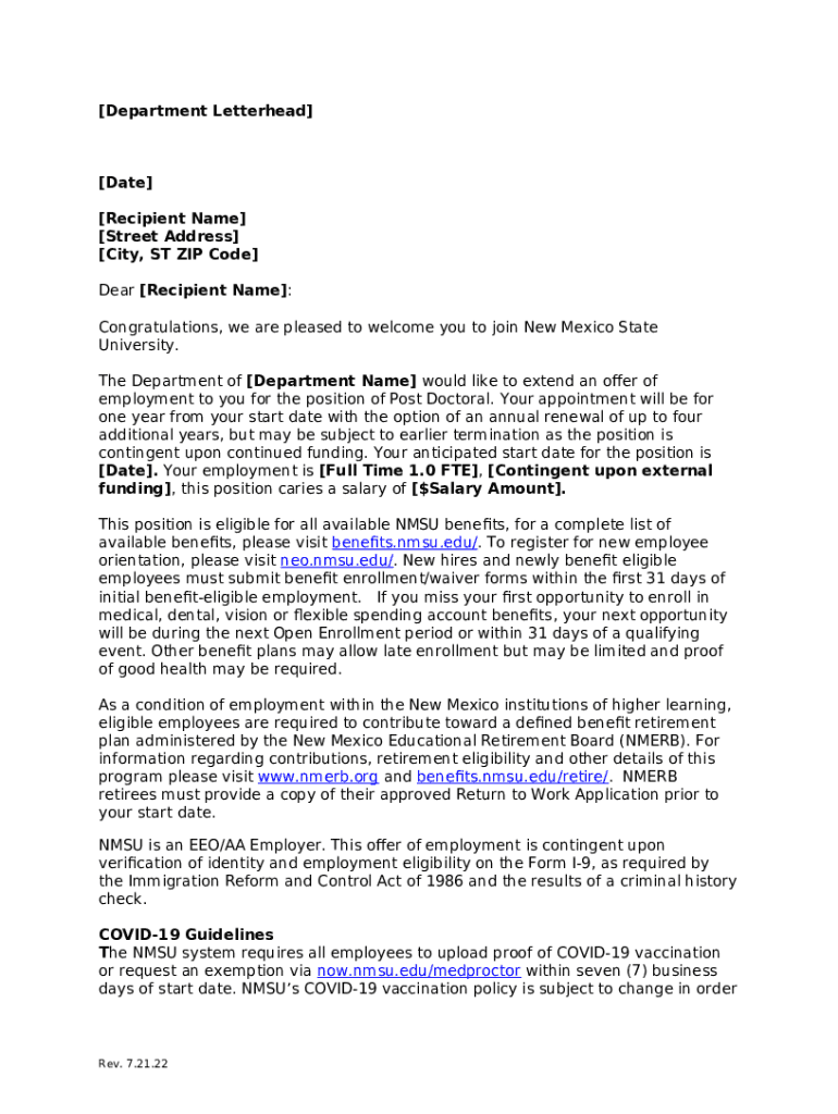 Letter of offer - NMSU HR Services - hr nmsu Doc Template | pdfFiller