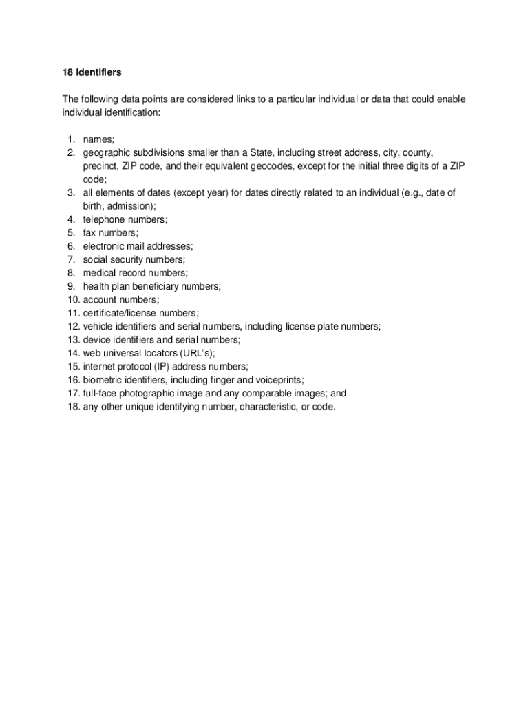 Fillable Online 18 HIPAA Identifiers: Information Technology Services ...