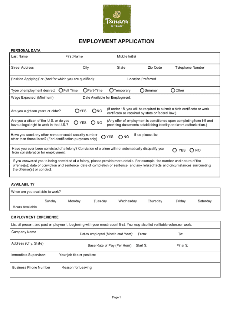 Fillable Online Panera Job Applicationd PDF. Fill out the Panera ...