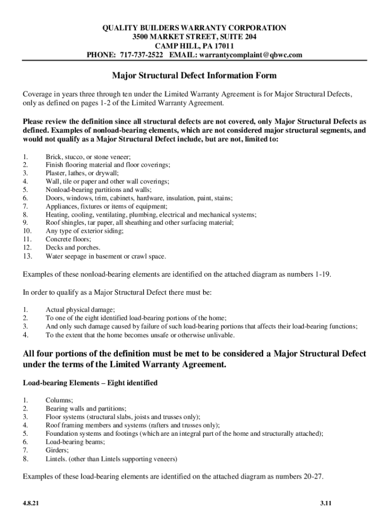Fillable Online Major Structural Defect Information Form Fax Email ...