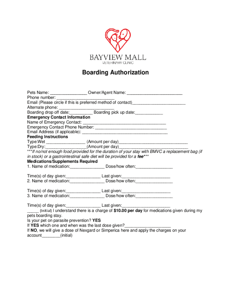 Fillable Online Boarding Client Authorization Form - Kittery Animal Hospital Fax Email Print ...