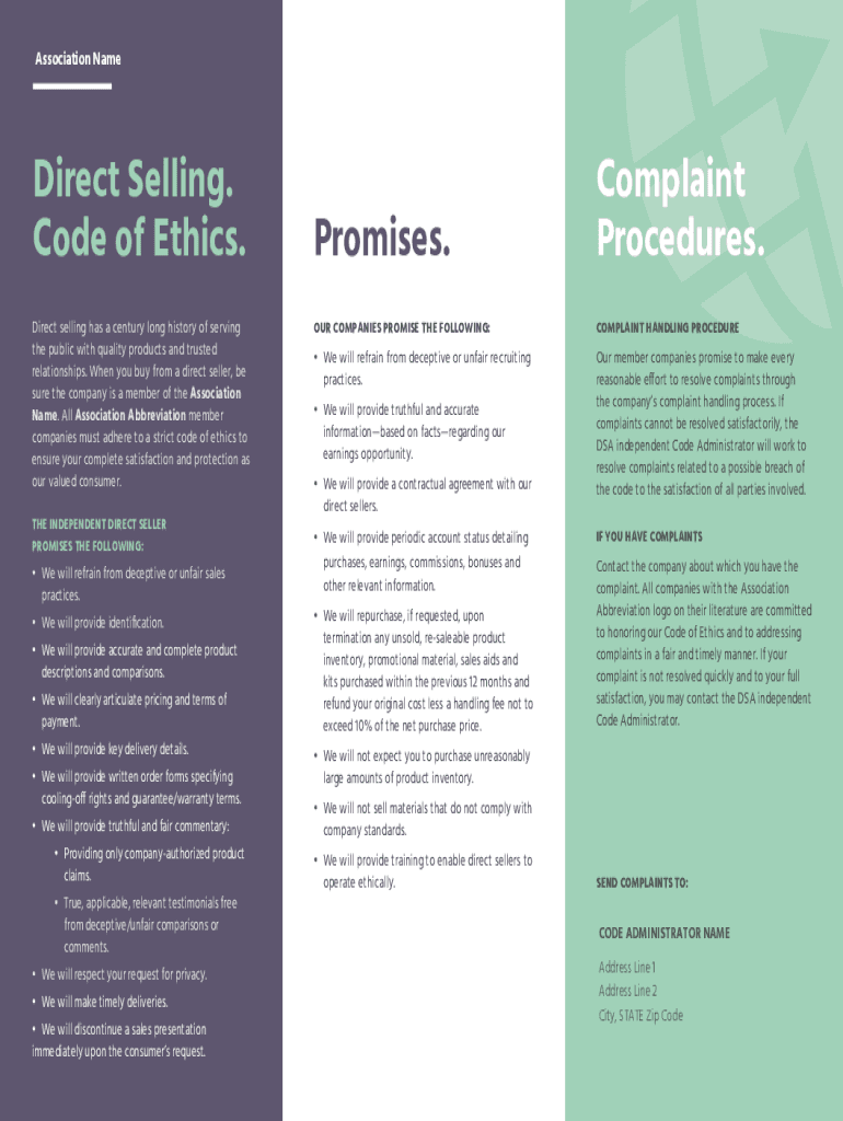 Fillable Online Direct Selling Code of Ethics I DSA Business Standards Fax Email Print - pdfFiller