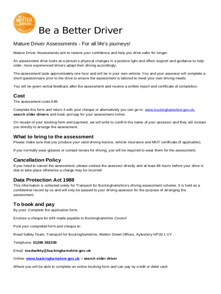 Accessible Be a Better Driver Older Assessment Doc Template | pdfFiller