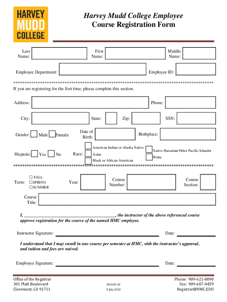 Fillable Online Harvey Mudd College Employee Course Registration Form Fax Email Print - pdfFiller