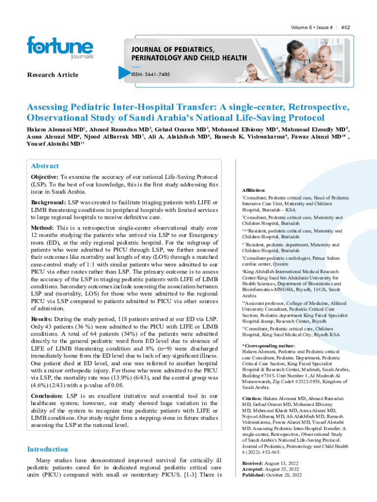 Fillable Online Assessing Pediatric Inter-Hospital Transfer. Journal of ...