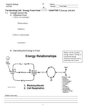 Chapter 7 The Working Cell: Energy From Food Biology Test Doc Template ...