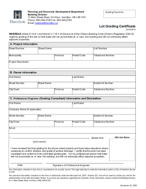 Fillable Online Lot Grading Certificate Declaration - City of Hamilton ...