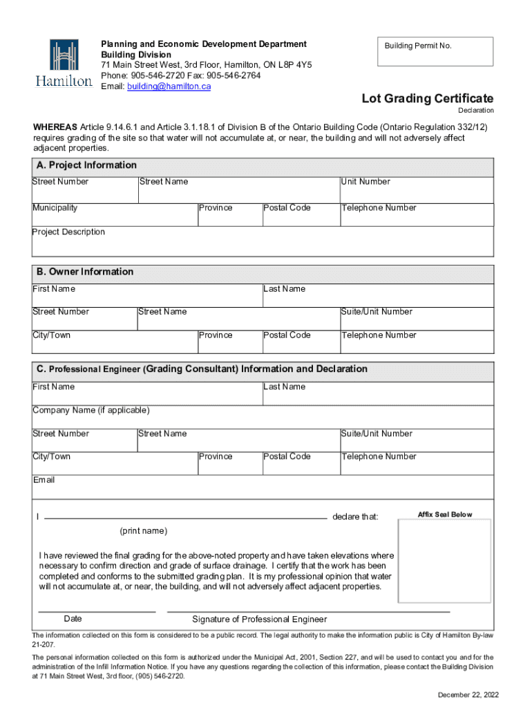 Fillable Online Lot Grading Certificate Declaration - City of Hamilton ...