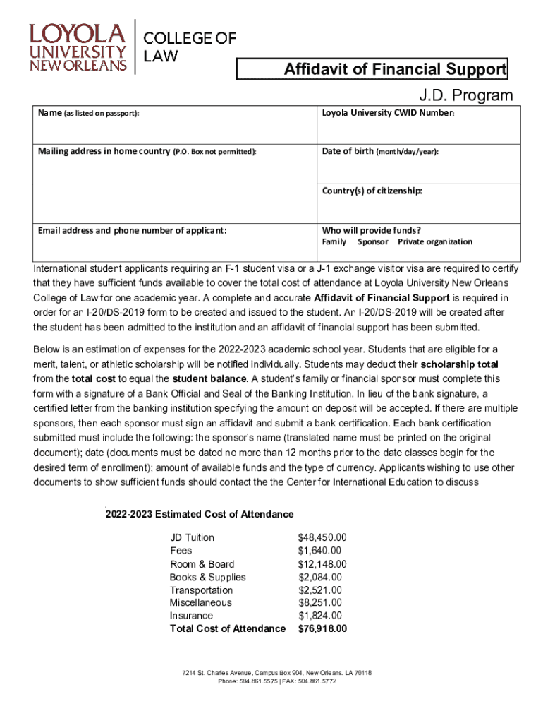 Fillable Online law loyno Affidavit of Financial Support J.D. Program ...