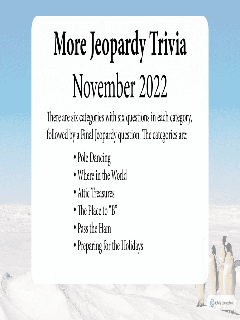 Fillable Online 75 Good Questions to Use for Final Jeopardy - Trivia ...