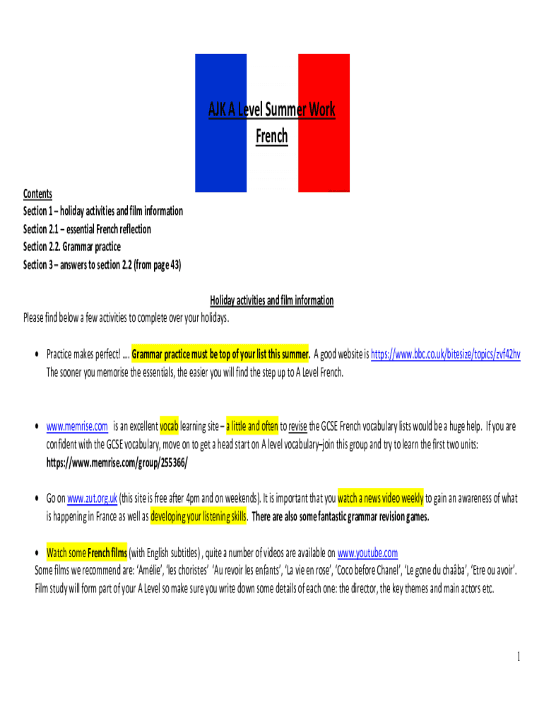 Fillable Online AJK A Level Summer Work French - Ark John Keats Academy ...