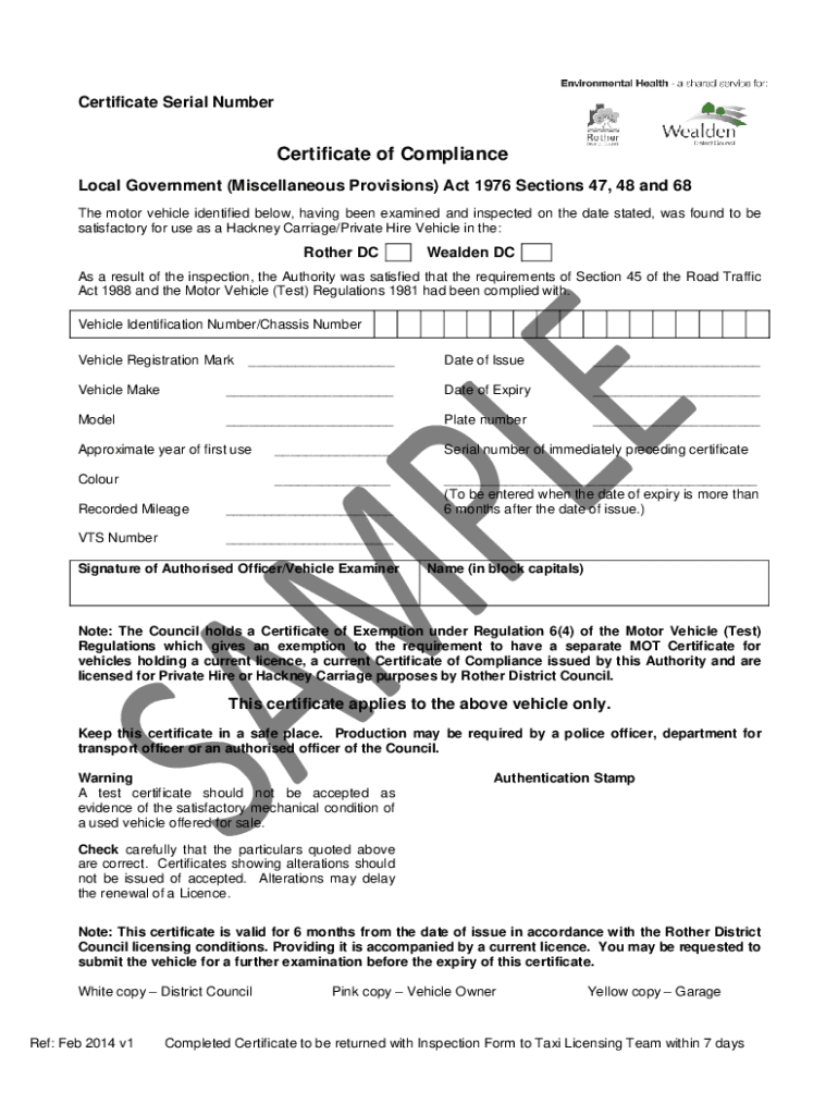 Fillable Online VCT - Certificate of Compliance (Draft Revision) Fax ...