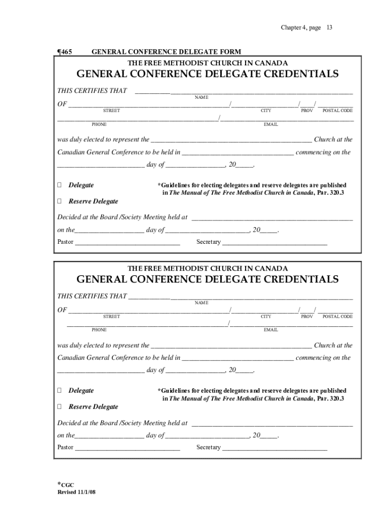 Fillable Online 465 GENERAL CONFERENCE DELEGATE FORM - The Free ... Fax ...