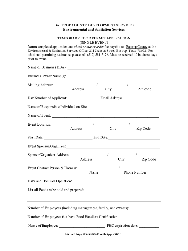 Fillable Online Temporary Food Permit Application (Single Event) Fax ...