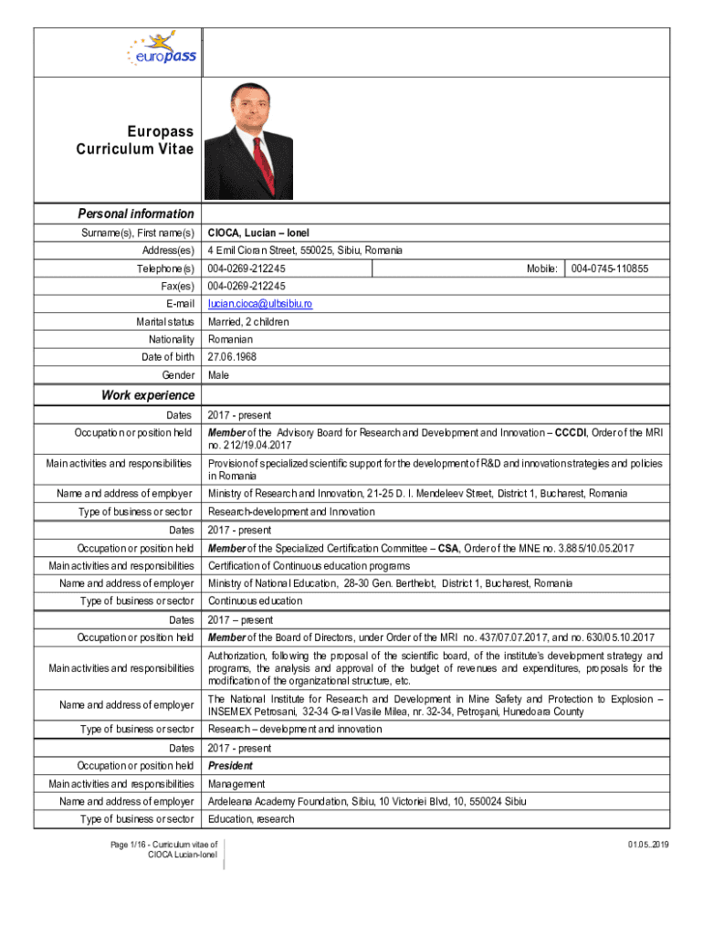 Fillable Online inginerie ulbsibiu Europass Curriculum Vitae ...