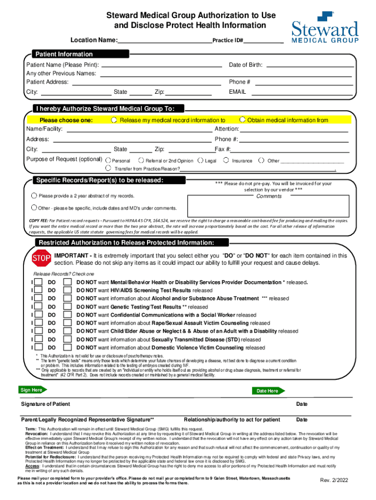 Fillable Online steward medical group medical records release form Fax Email Print - pdfFiller