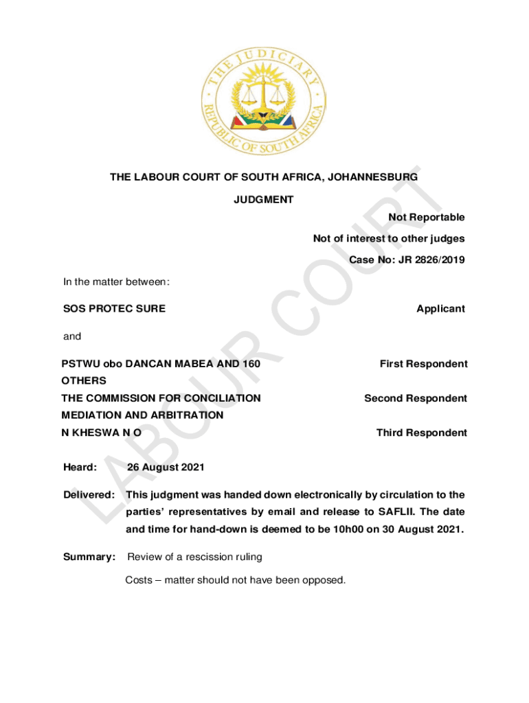 Fillable Online in the labour court of south africa, johannesburg ...
