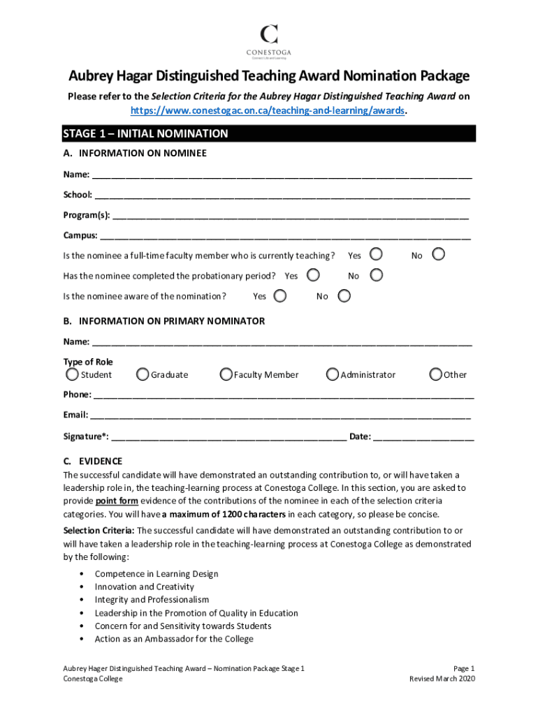 Fillable Online cms conestogac on Aubrey Hagar Distinguished Teaching Award Nomination Package ...