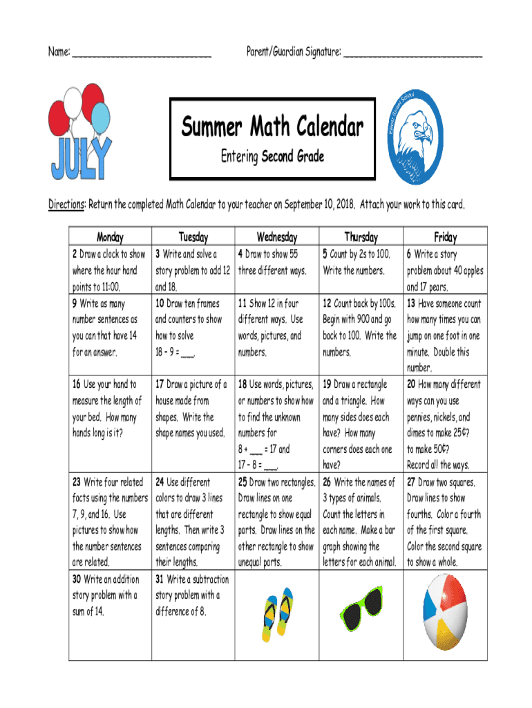 Fillable Online Students Entering Grade 2 Summer Math Review Calendar ...