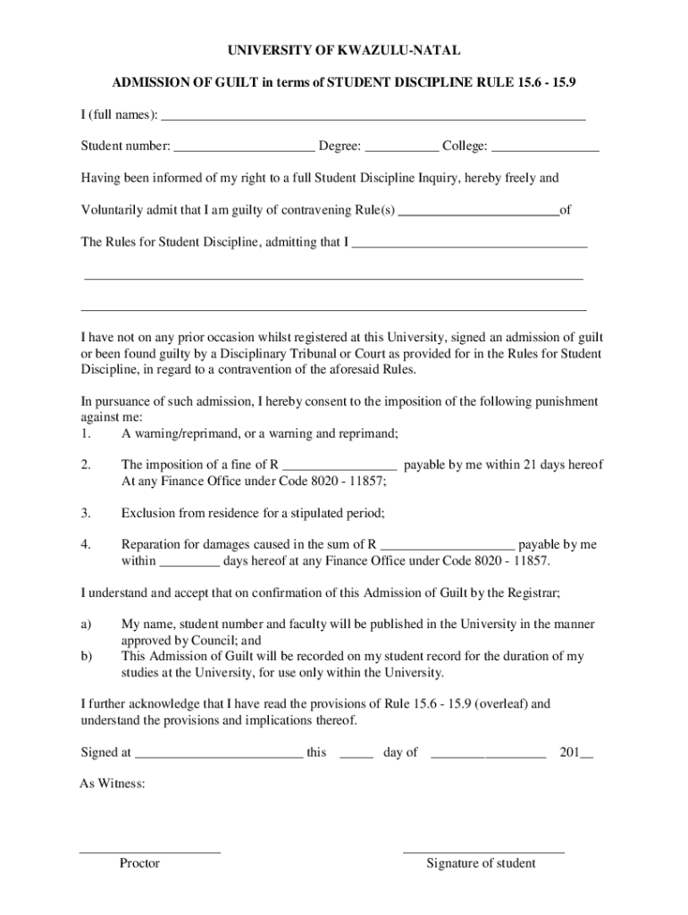Fillable Online Admission of Guilt Form signed in Proctors Office Fax ...