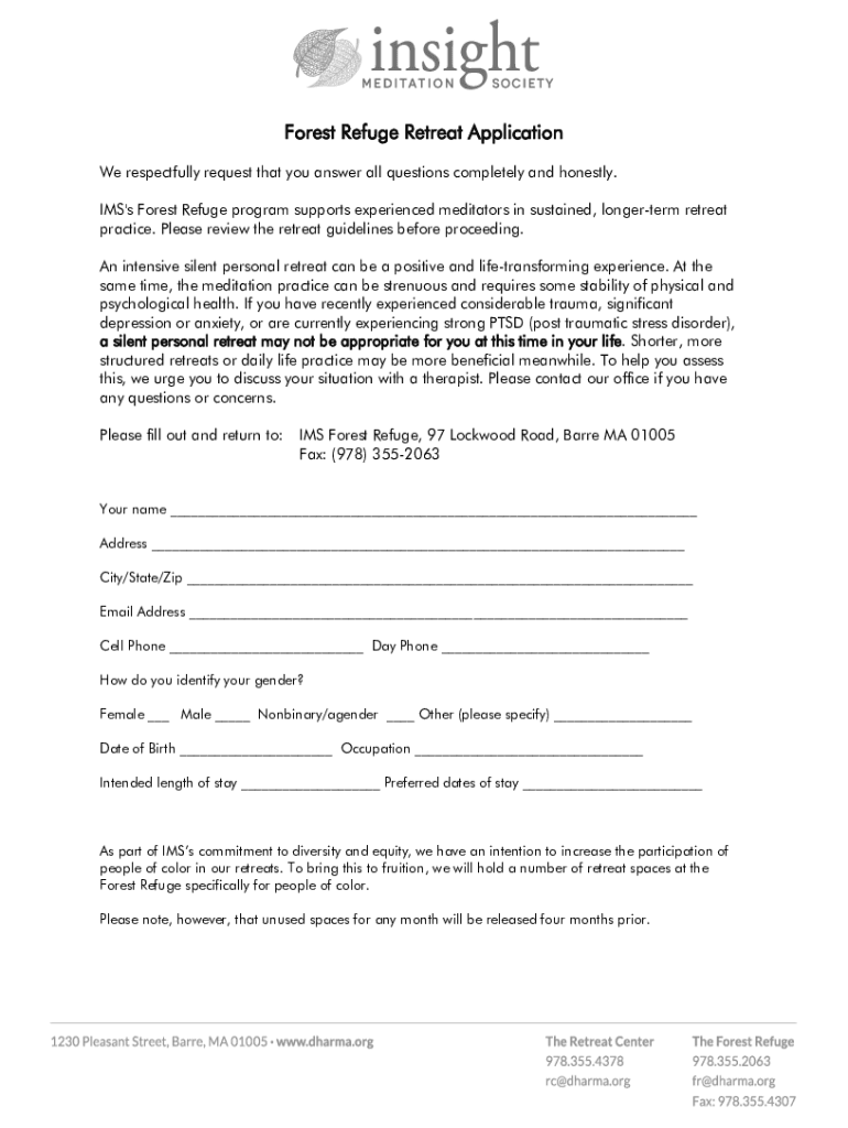 Fillable Online Forest Refuge Application Process - Insight Meditation Society Fax Email Print ...
