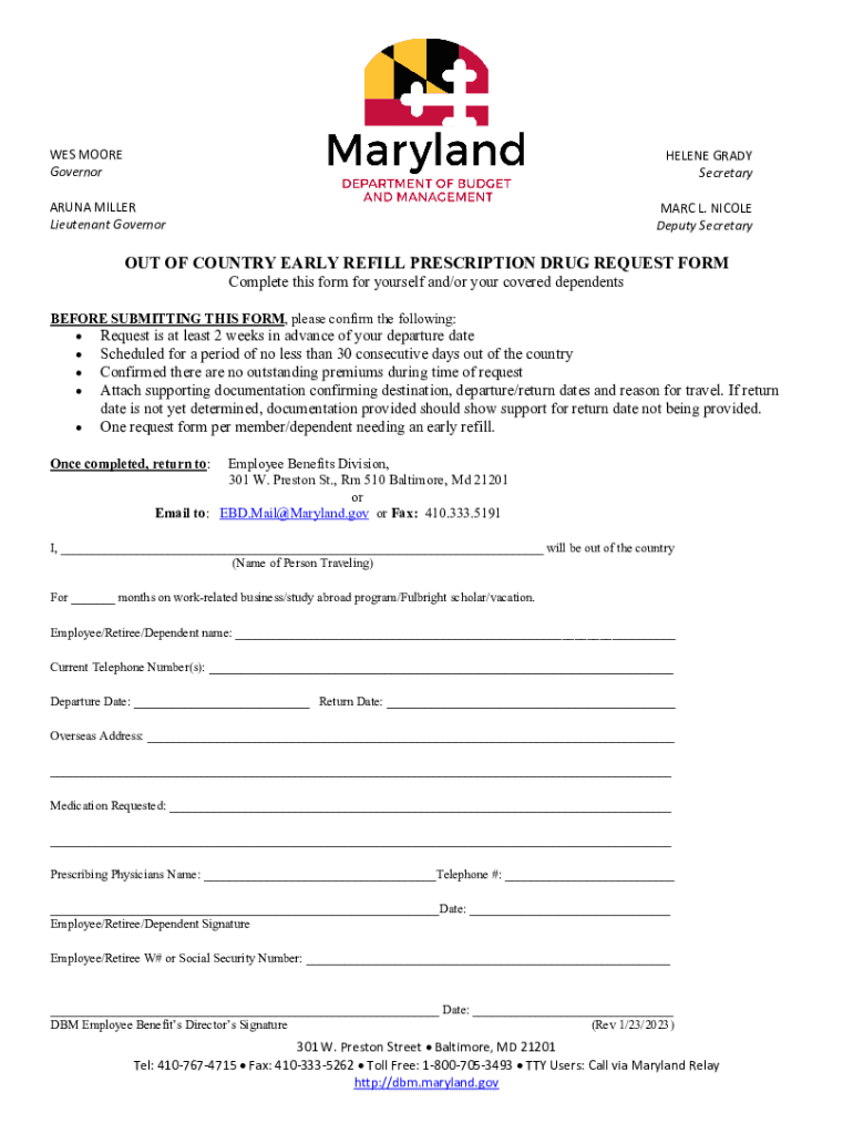 Fillable Online dbm maryland Out of Country Early Refill Prescription ...