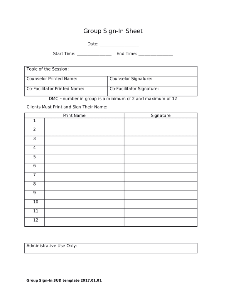 Group Counseling Sign-In Sheet Doc Template | pdfFiller
