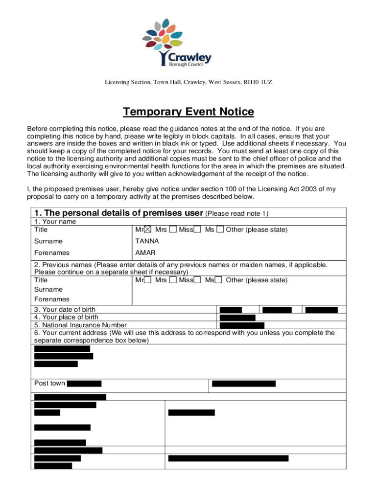 Fillable Online Temporary Events Notice (England and Wales) - GOV.UK ...
