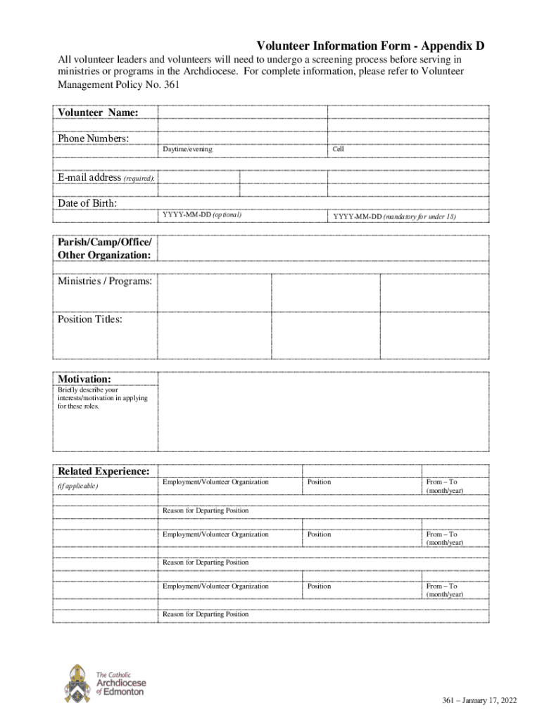 Fillable Online Volunteer Information Form - Appendix D Fax Email Print ...
