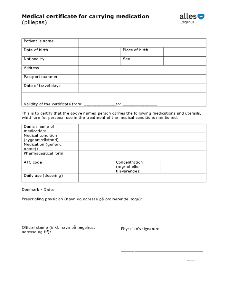 Fillable Online Medical certificate for carrying medication (pillepas ...
