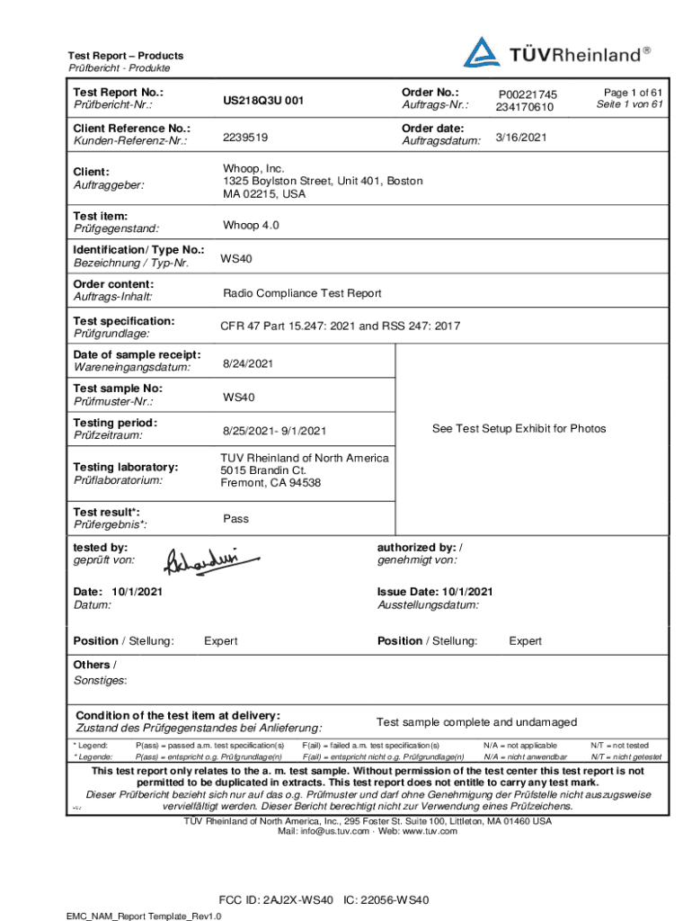 Fillable Online 22056-WS40 Test Report No.: Prfbericht-Nr.: US218Q3U ...