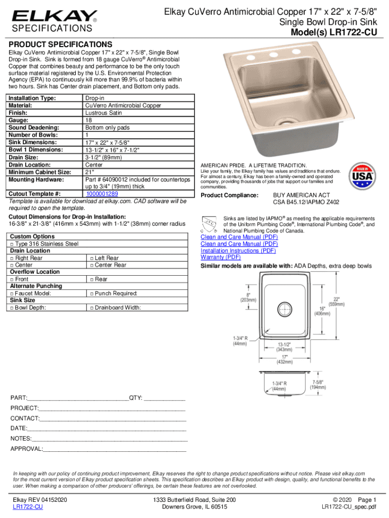 Fillable Online Elkay LR17222-CU CuVerro Antimicrobial Copper 17 x 22 x ...