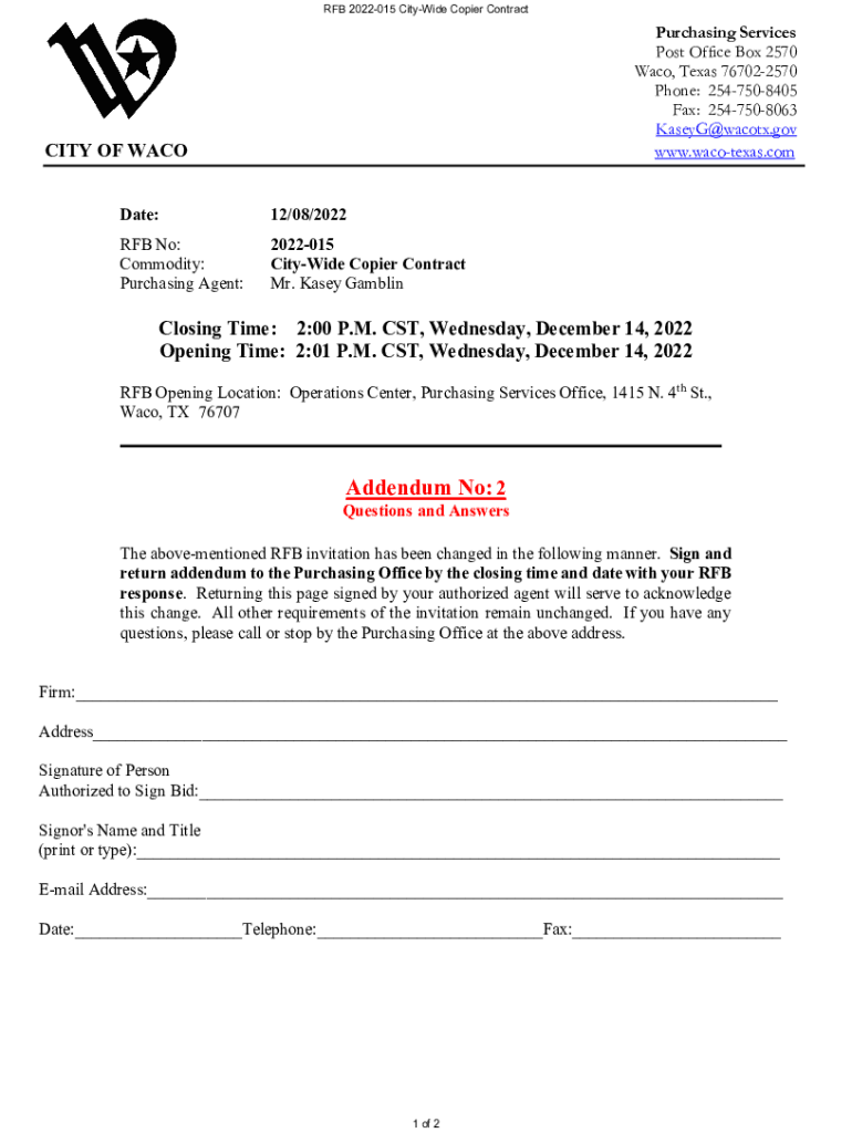 Fillable Online Addendum No: 2City of Waco Fax Email Print - pdfFiller