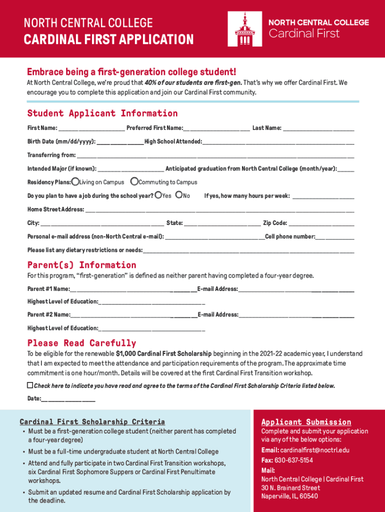 Fillable Online north central college - cardinal first application Fax ...