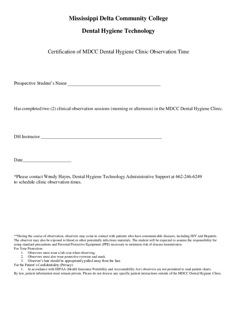 Fillable Online Certificate of MDCC Dental Hygiene Clinic Observation ...