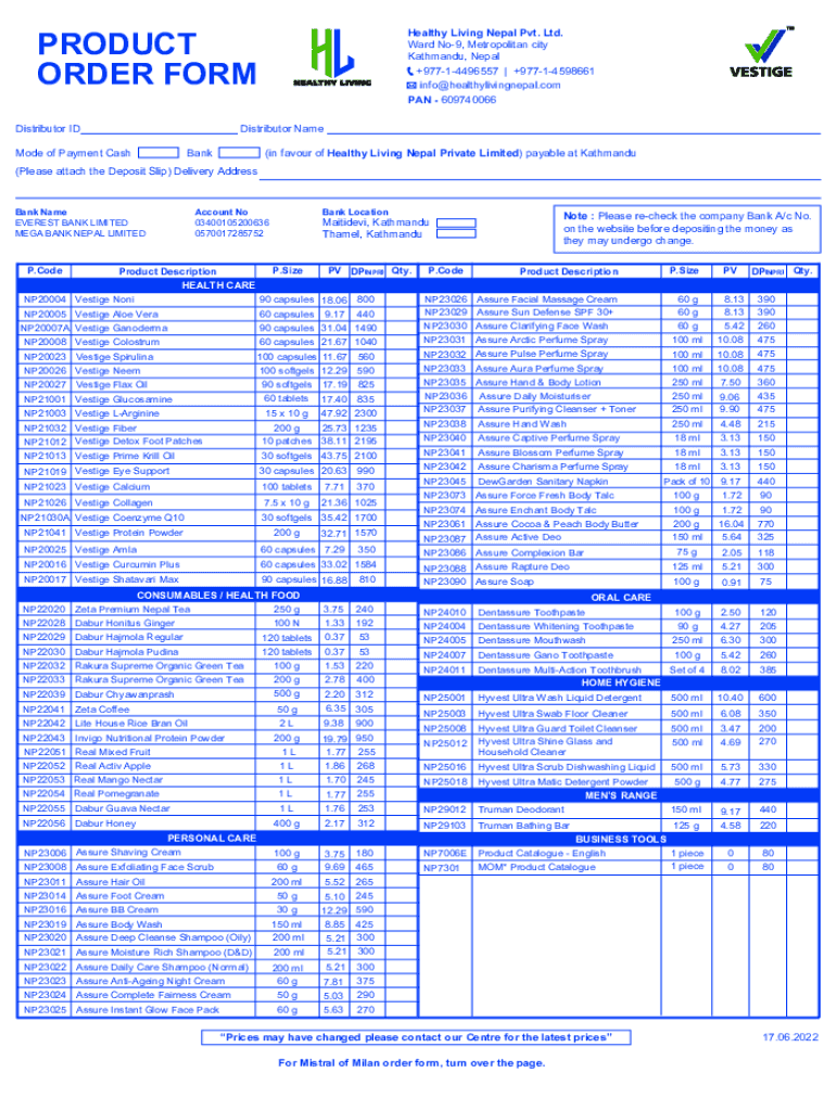 Fillable Online Product order form (Nepal) 12-04-2022 - Healthy Living Fax Email Print - pdfFiller