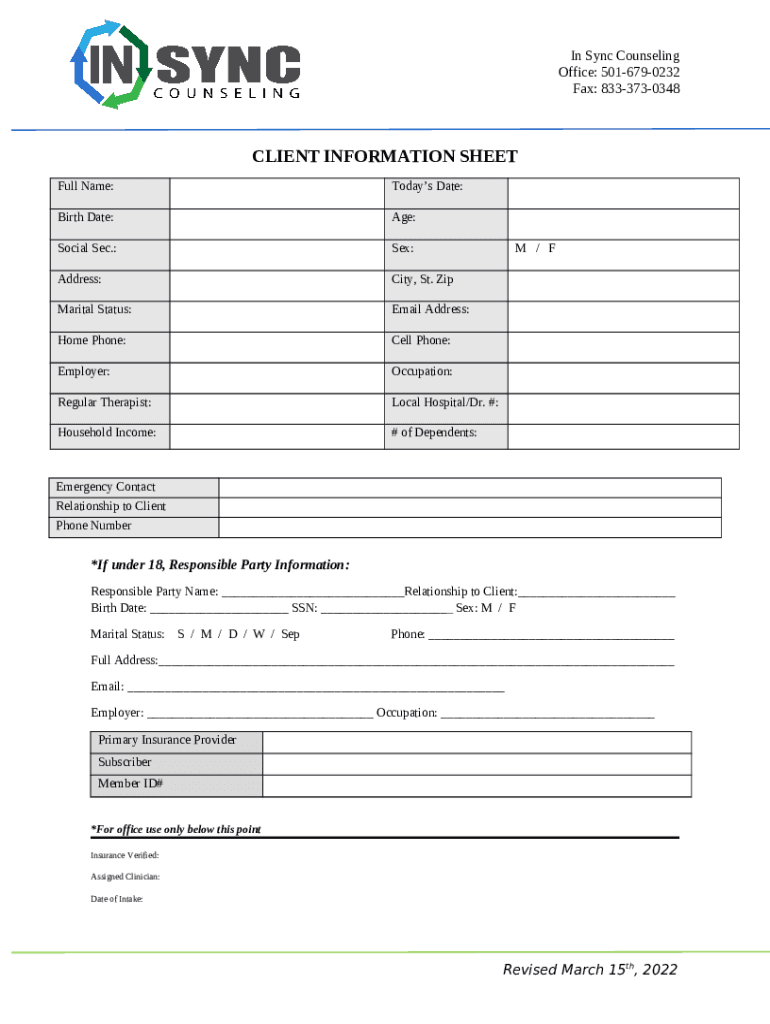 Client Ination - Therapy Office of Craig Kern Doc Template | pdfFiller