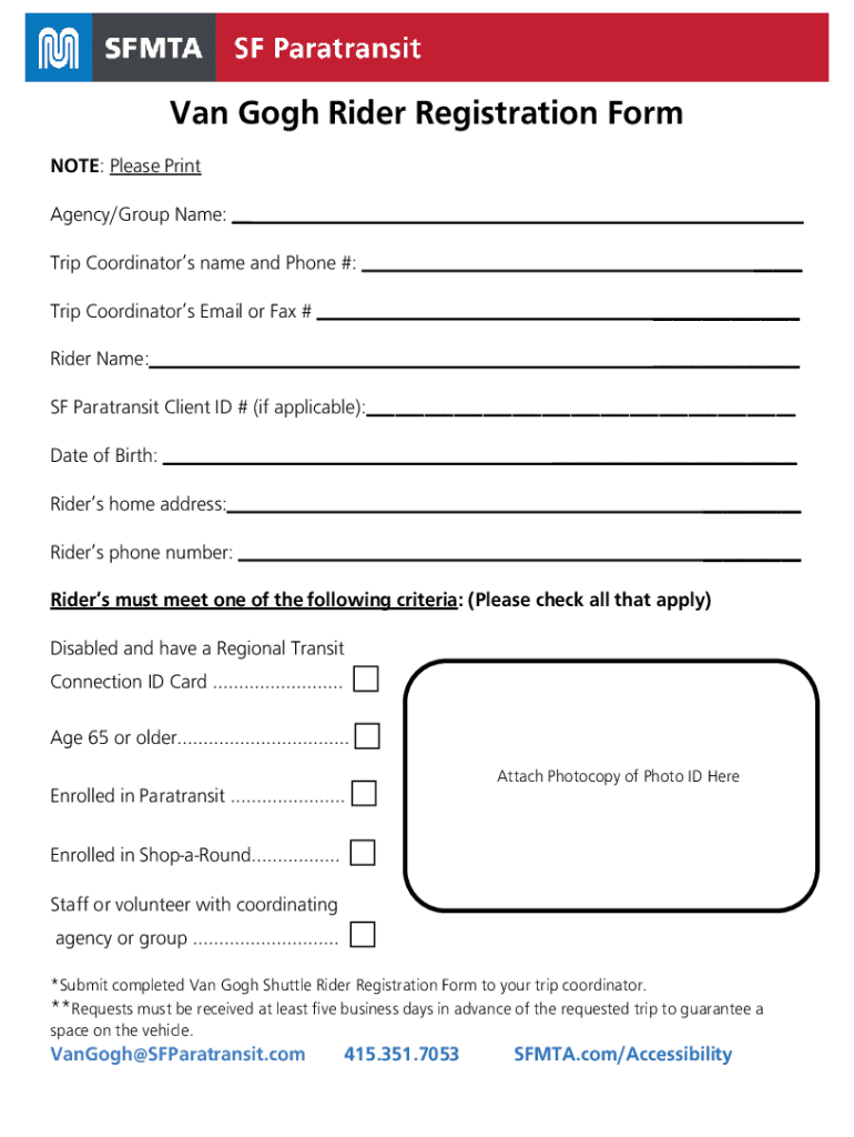 Fillable Online Van Gogh Rider Registration Form - SFMTA Fax Email Print - pdfFiller