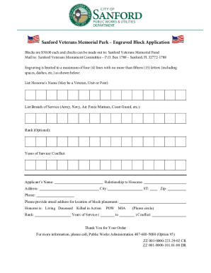 Fillable Online Sanford Veterans Memorial ParkEngraved Block Application Fax Email Print - pdfFiller