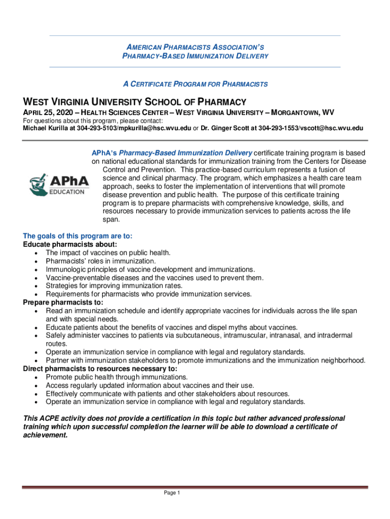 Fillable Online pharmacy hsc wvu APhA Certificate Training Programs ...