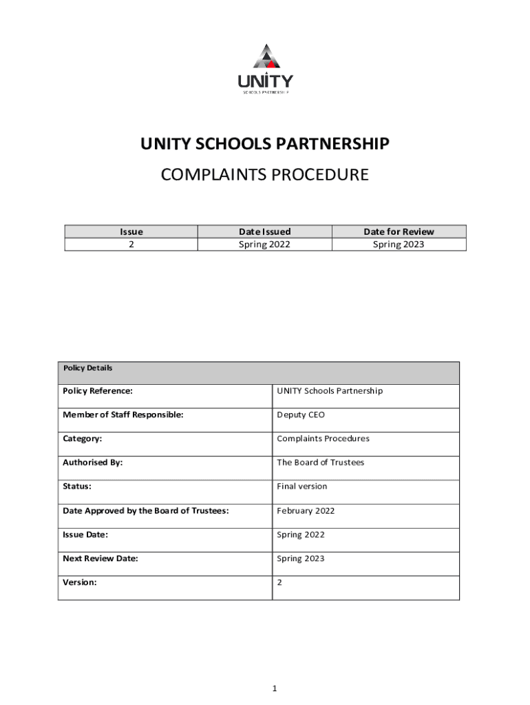 Fillable Online UNITY SCHOOLS PARTNERSHIP COMPLAINTS PROCEDURE Fax Email Print - pdfFiller