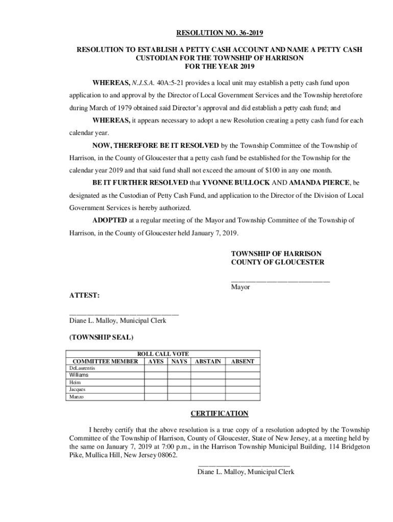 Fillable Online TITLE OF THE RESOLUTION Authorizing a Petty Cash Fund ...