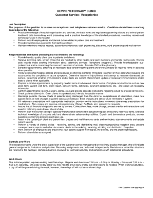 Fillable Online Veterinary Receptionist Job Description Template