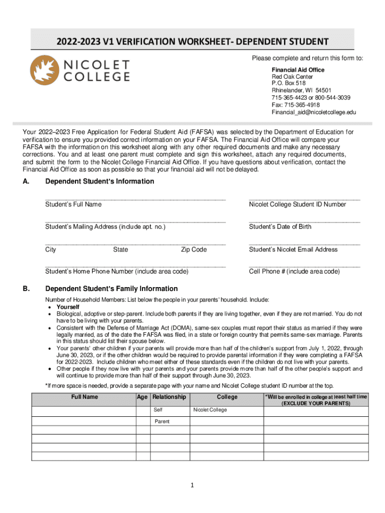 Fillable Online 2022-2023 V1 VERIFICATION WORKSHEET - Nicolet College Fax Email Print - pdfFiller