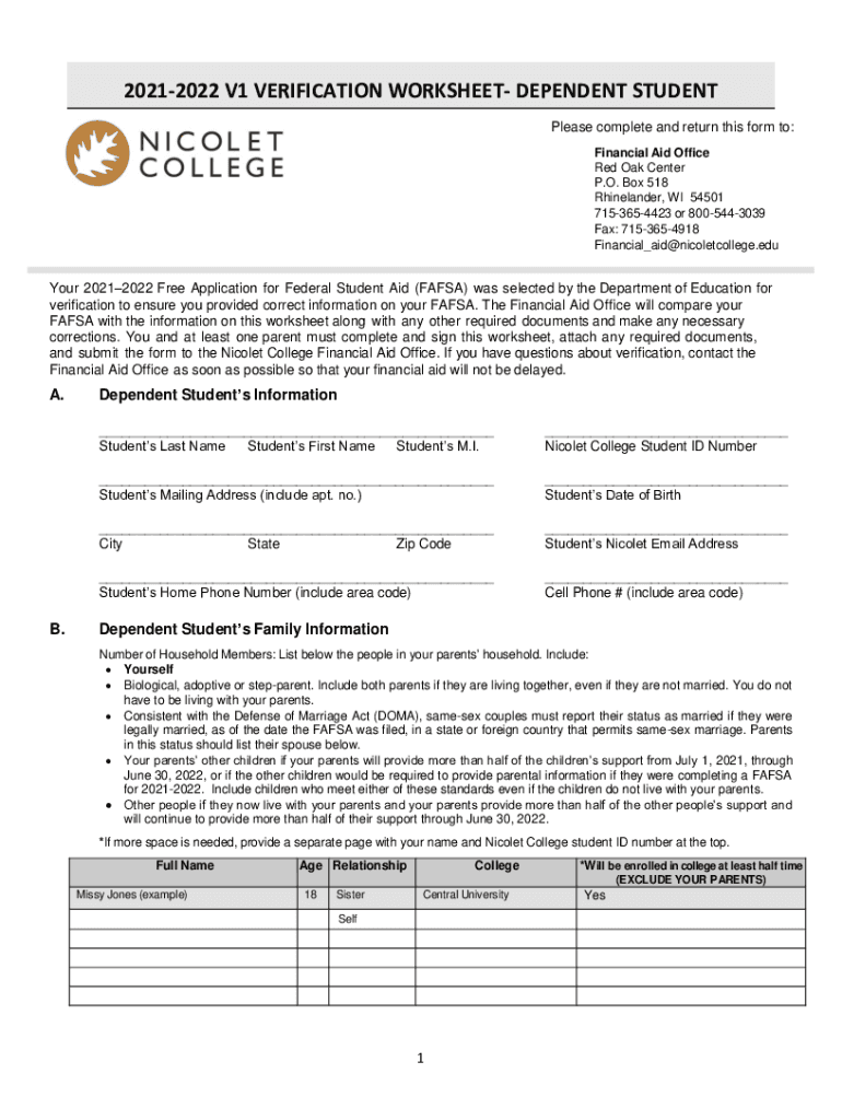 Fillable Online 20212022 Standard Verification Worksheet, V1 ... Fax ...
