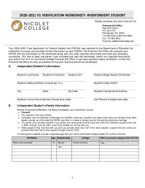 Fillable Online 2020-2021 Verification Worksheet - Independent Student - V5 Fax Email Print ...